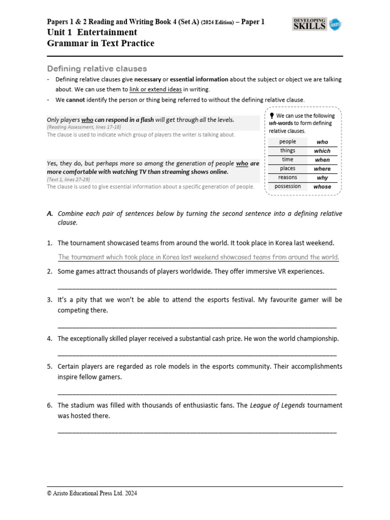 2024P1 4A U1 Grammar in Text S | PDF | Subject (Grammar) | Sentence ...