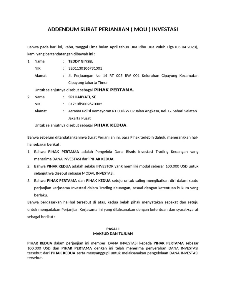 Addendum Surat Perjanjian Dua - Mami | PDF