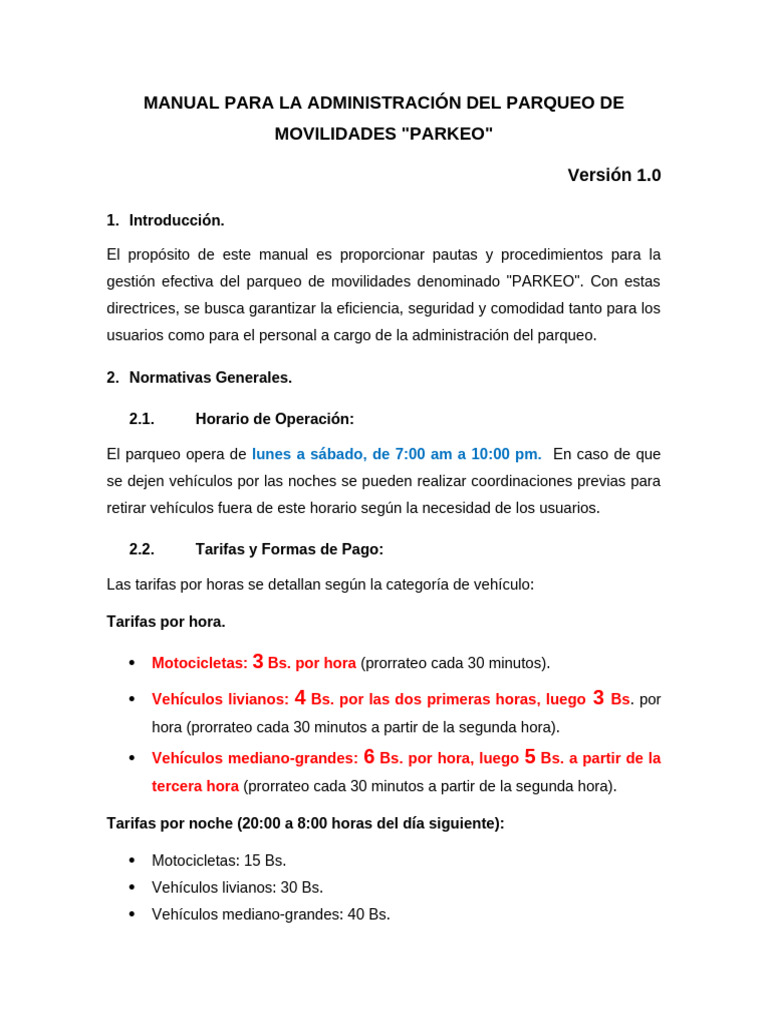 Manual de Administración Parqueo PARKEO | PDF | Estacionamiento