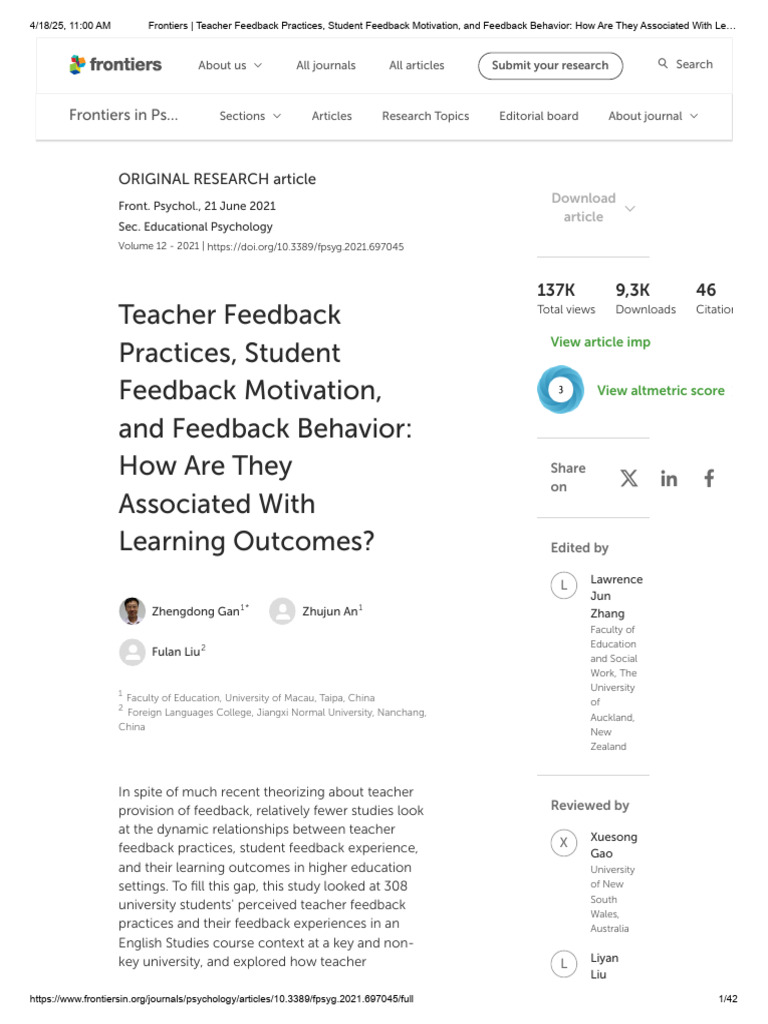 Frontiers - Teacher Feedback Practices, Student Feedback Motivation ...