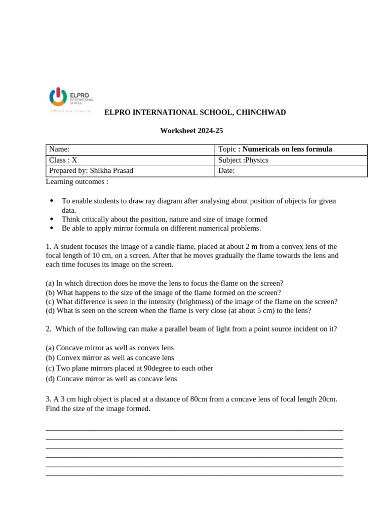 WS X Physics June Light Lens Formula Numericals 2024-25 | PDF | Glass Engineering And Science ...