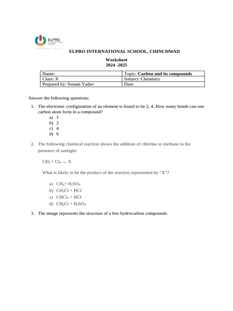 Carbon Compounds Worksheet for Class X | PDF | Carbon | Chemical Compounds