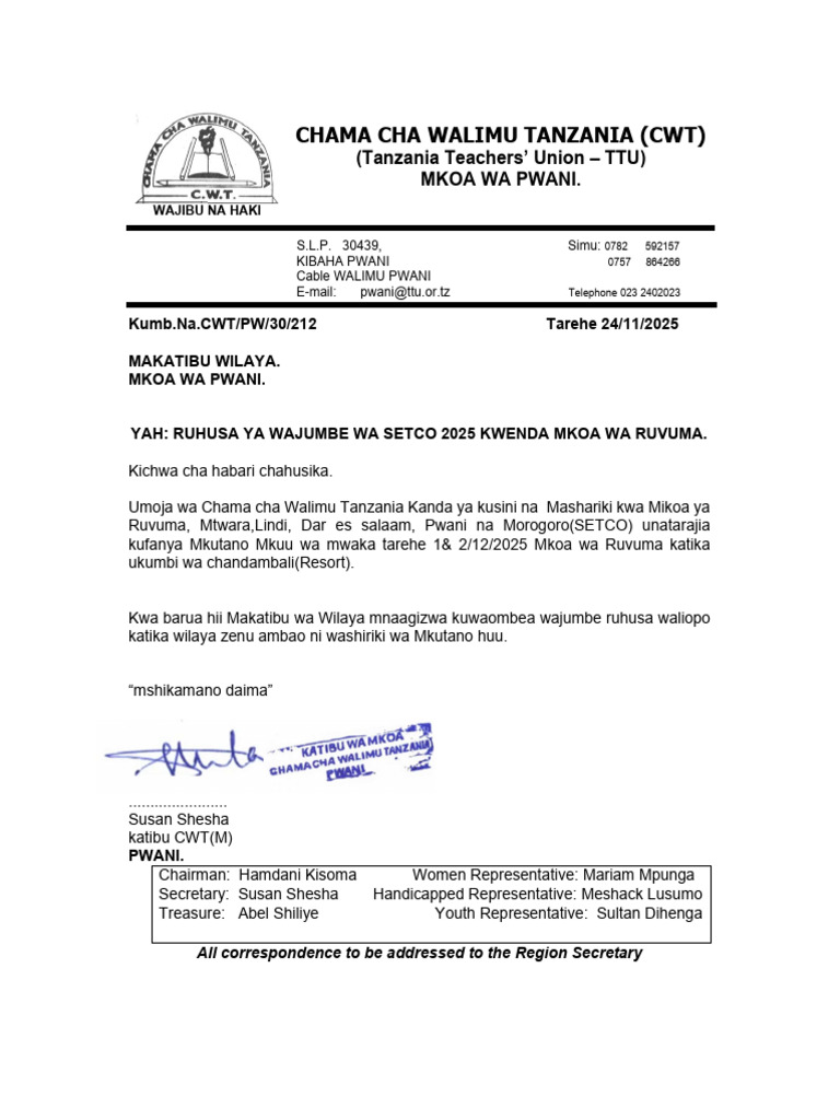 Ruhusa Wajumbe Setco Ruvuma | PDF