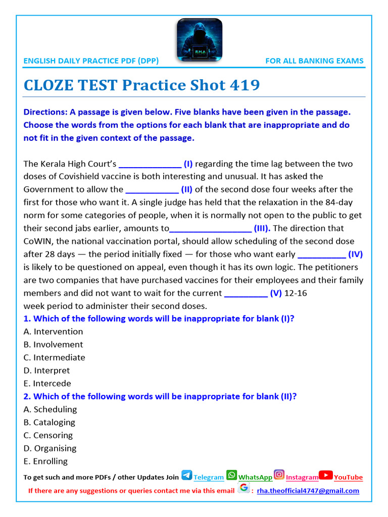 Cloze Test Practice Shot 419 | PDF