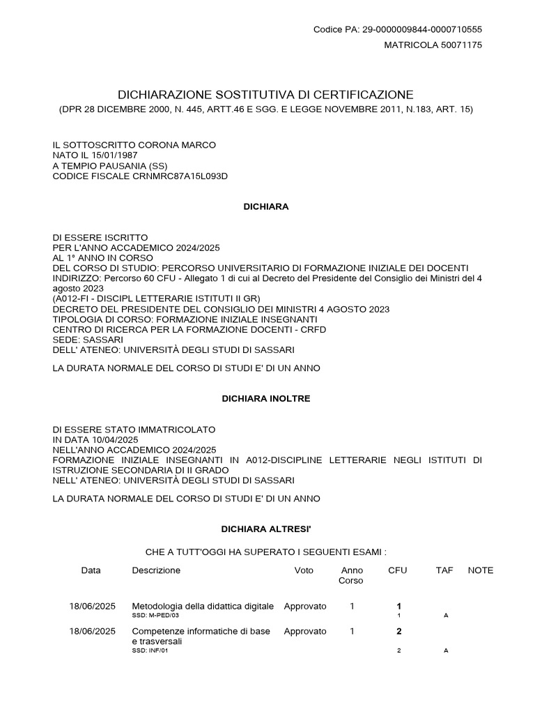 Autodichiarazione Iscrizionecon Esami | PDF
