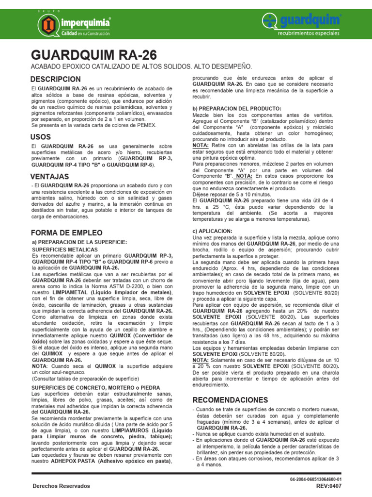 GUARDQUIM RA-26: Acabado Epóxico de Alto Desempeño | PDF | Hormigón | Agua