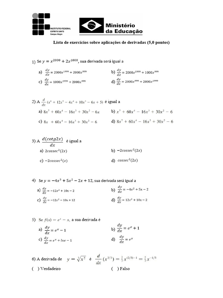 Exercícios sobre Derivadas e Aplicações | PDF