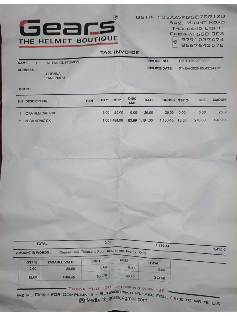 Vega Helmet Invoice 01-06-2025 | PDF