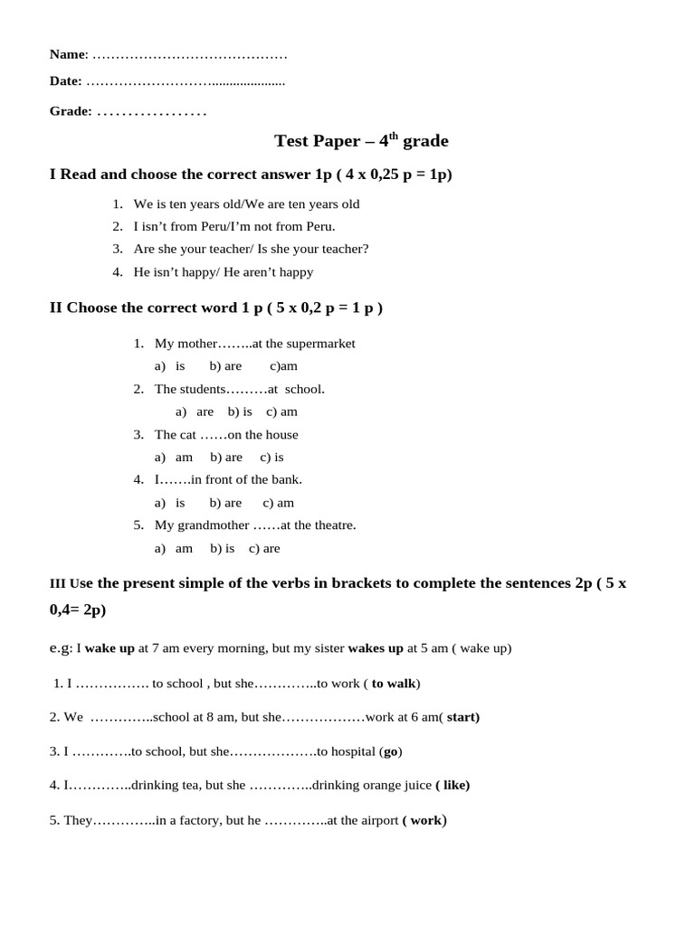 Test Paper - 4th Grade - Moisil | PDF