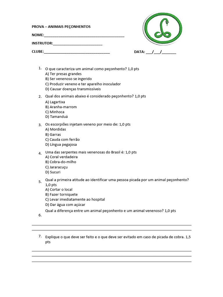 Prova Animais Peçonhentos PDF | PDF