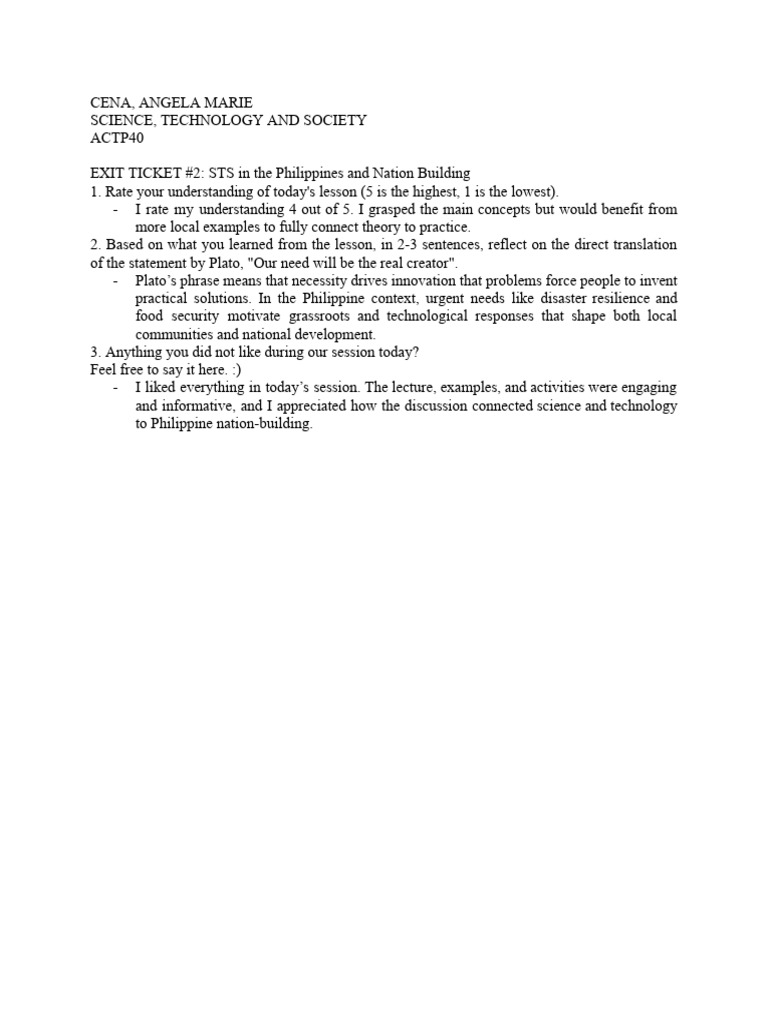 Exit Ticket #2 - STS in The Philippines and Nation Building | PDF