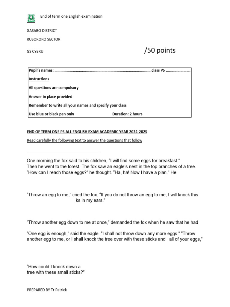 P5 English Exam Term One 2024-2025 | PDF