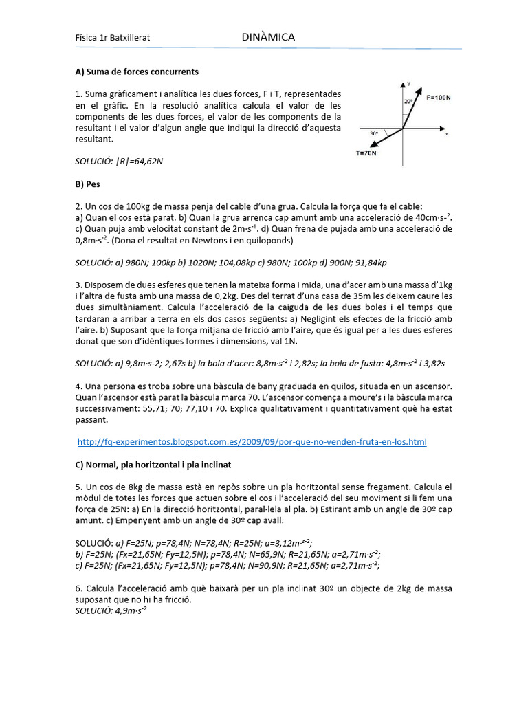 Exercicis Dinàmica 1r Batx | PDF