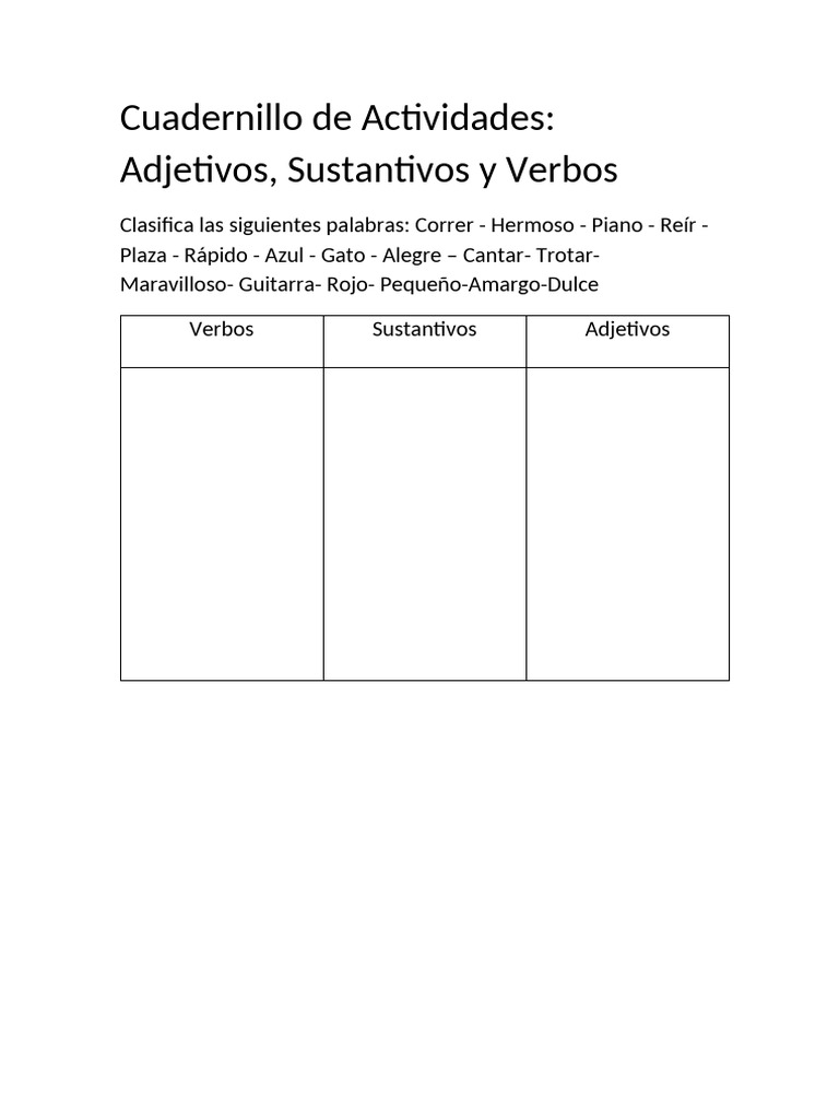 Actividades de Adjetivos, Sustantivos y Verbos | PDF | Adjetivo ...