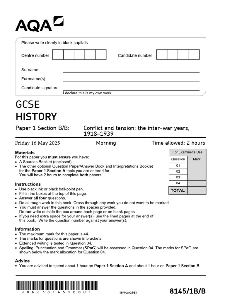 GCSE History Exam: Inter-War Years Paper | PDF