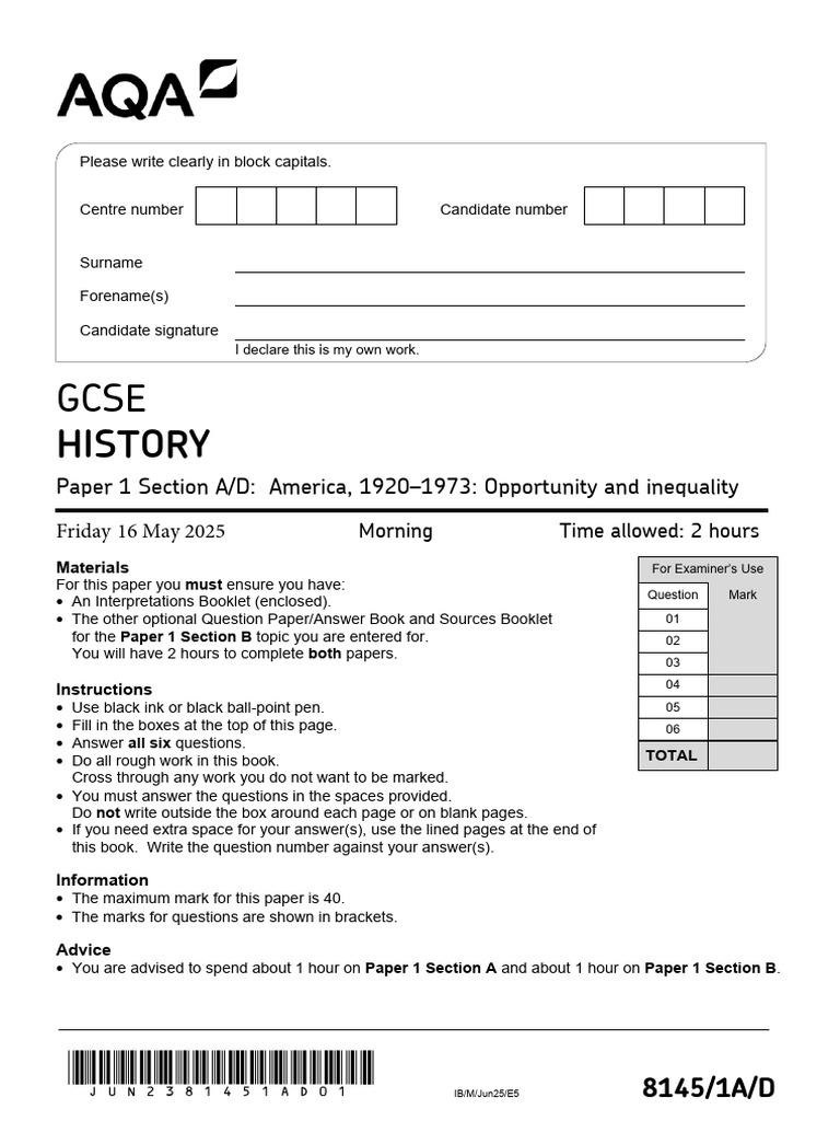 GCSE History Exam: America 1920-1973 | PDF