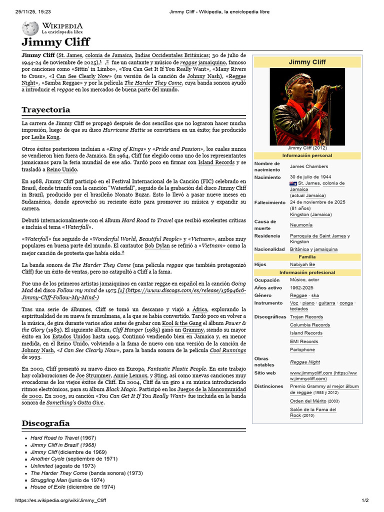 Jimmy Cliff - Wikipedia, La Enciclopedia Libre | PDF | Reggae | Jamaica