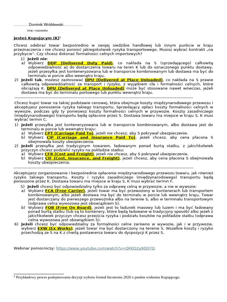 Zadania Icoterms Dominik Wróblewski Grupa 3 | PDF