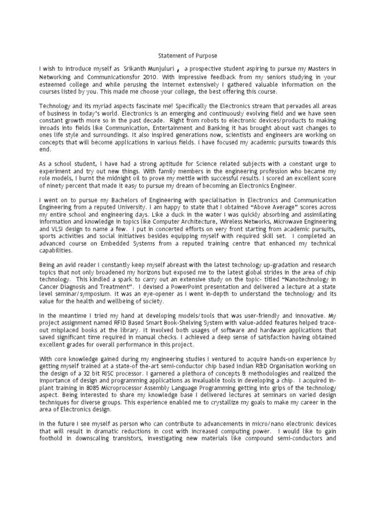Statement of Purpose for Master's in Electronics | PDF | Integrated ...