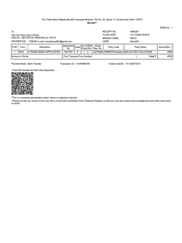 Trademark Application Receipt for Felicia Tech | PDF