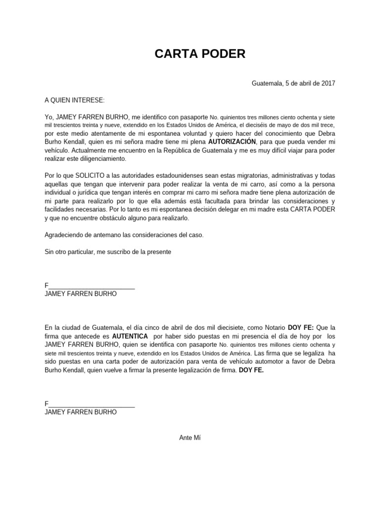 Carta Poder para Venta de Vehículo | PDF