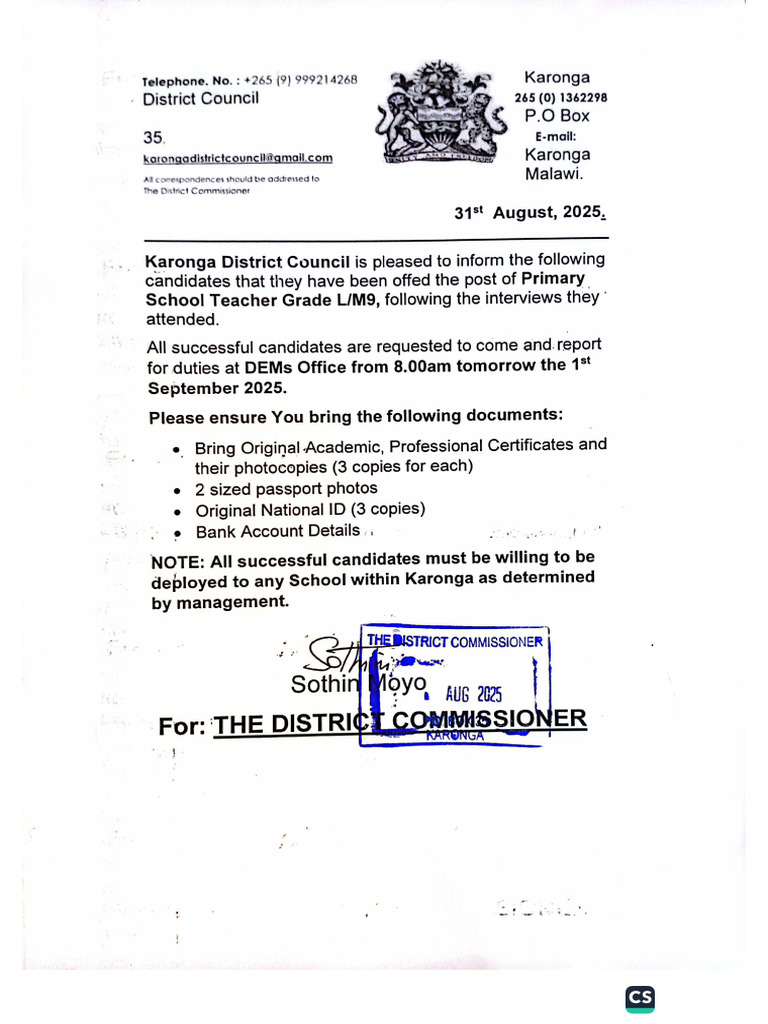 Karonga District Council Teachers Results | PDF