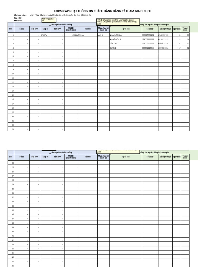 Form Tổng Hợp Thông Tin KH Đăng Ký Tham Gia Du Lịch | PDF