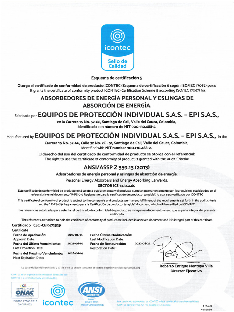 Certificado Ansi z359-13 | PDF