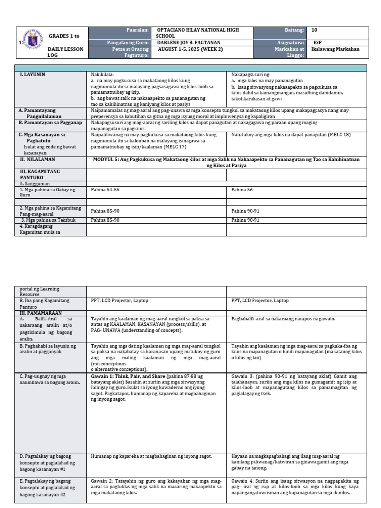 August 1-5, 2025 Esp q2 Week 2 | PDF