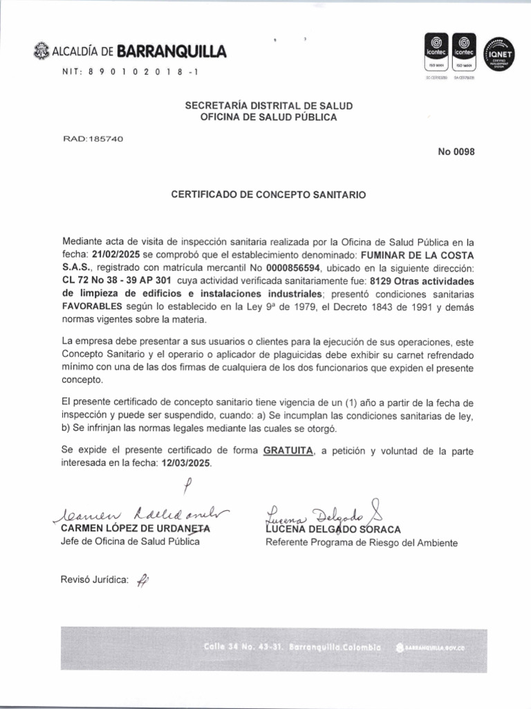 Concepto Sanitario Fuminar Ee La Costa 2025 | PDF