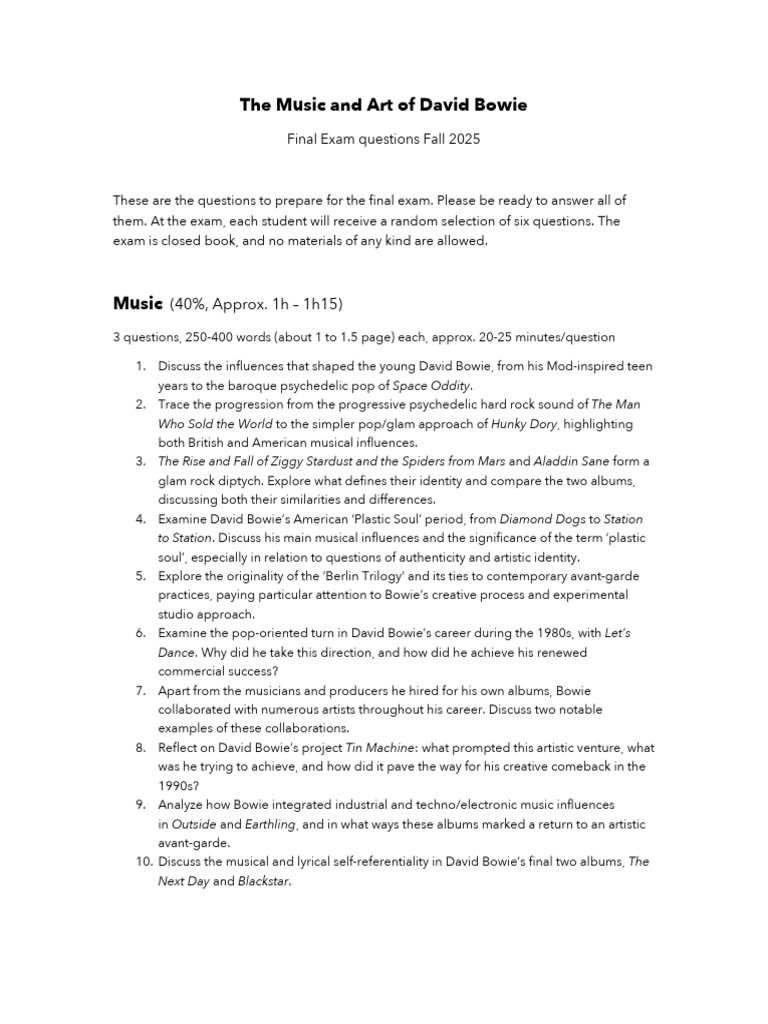 David Bowie Final Exam Questions 2025 | PDF | David Bowie