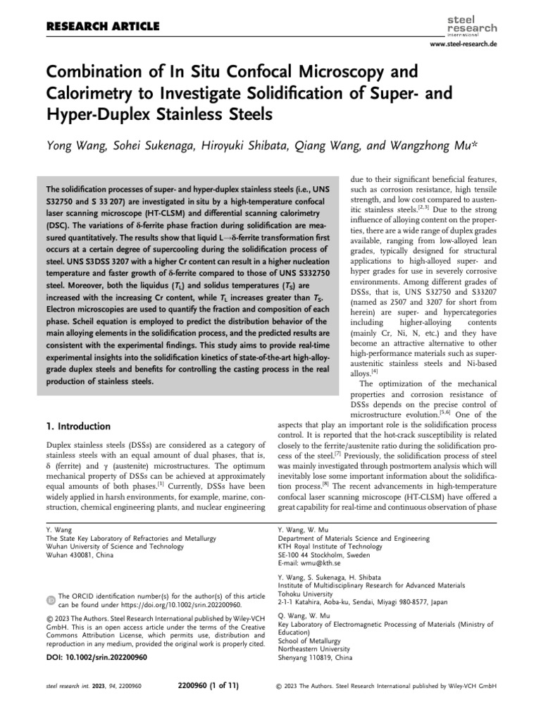 In Situ Study of Duplex Stainless Steel Solidification | PDF ...
