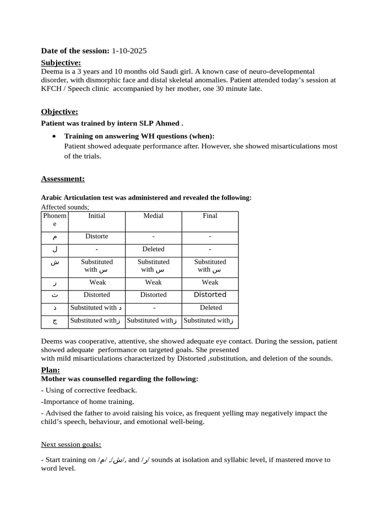 Speech Therapy Progress for Deema | PDF