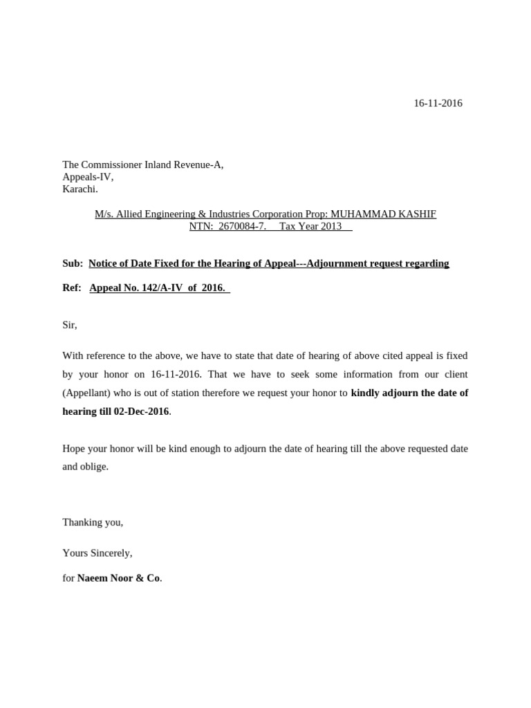 Appeal Hearing Adjournment Request | PDF
