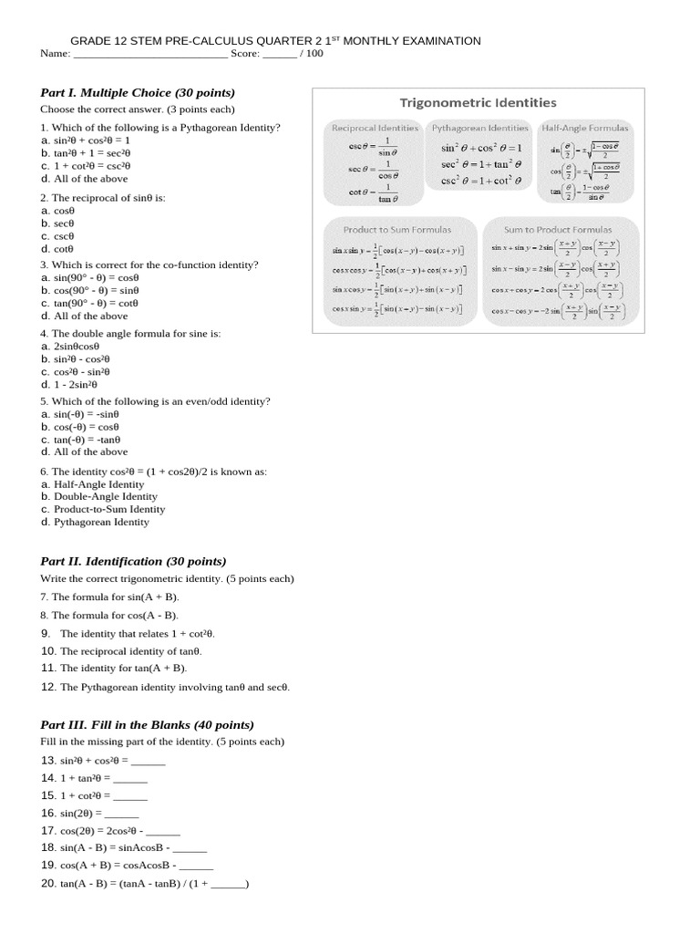 Grade 12 Pre-Calculus Exam: Trigonometric Identities | PDF