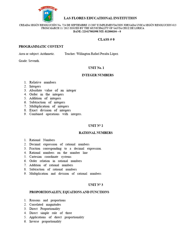 Programmatic Content - Seventh Grade Classes 2019 | PDF | Numbers ...