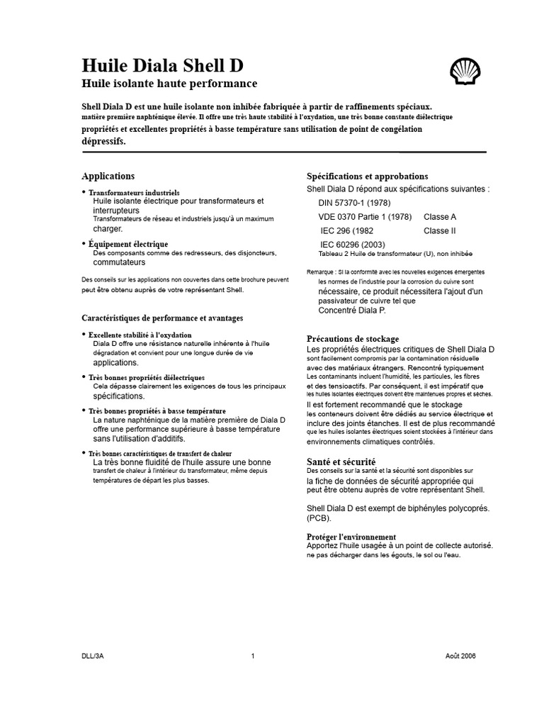 Huile Isolante Shell Diala D pour Transformateurs | PDF ...