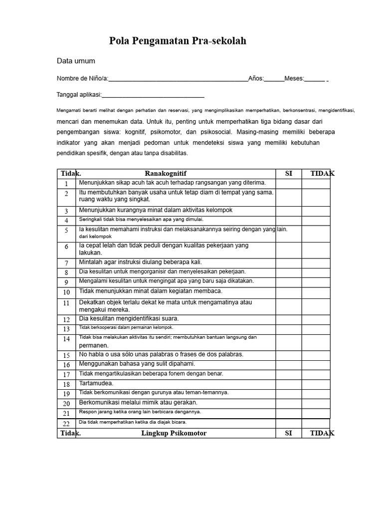 Panduan Observasi Perkembangan Pra-sekolah | PDF