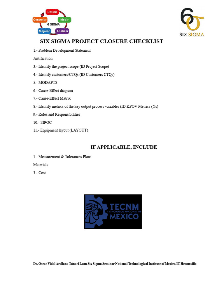 Six Sigma Project Closure Checklist | PDF