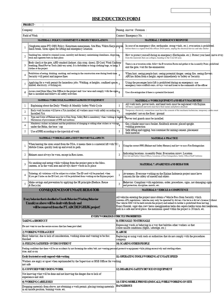 HSE Induction Form | PDF | Personal Protective Equipment