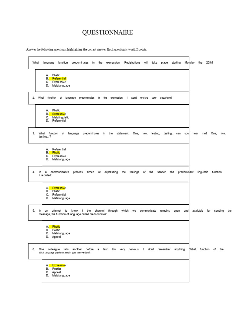 Language Function Questionnaire | PDF | Human Communication | Linguistics