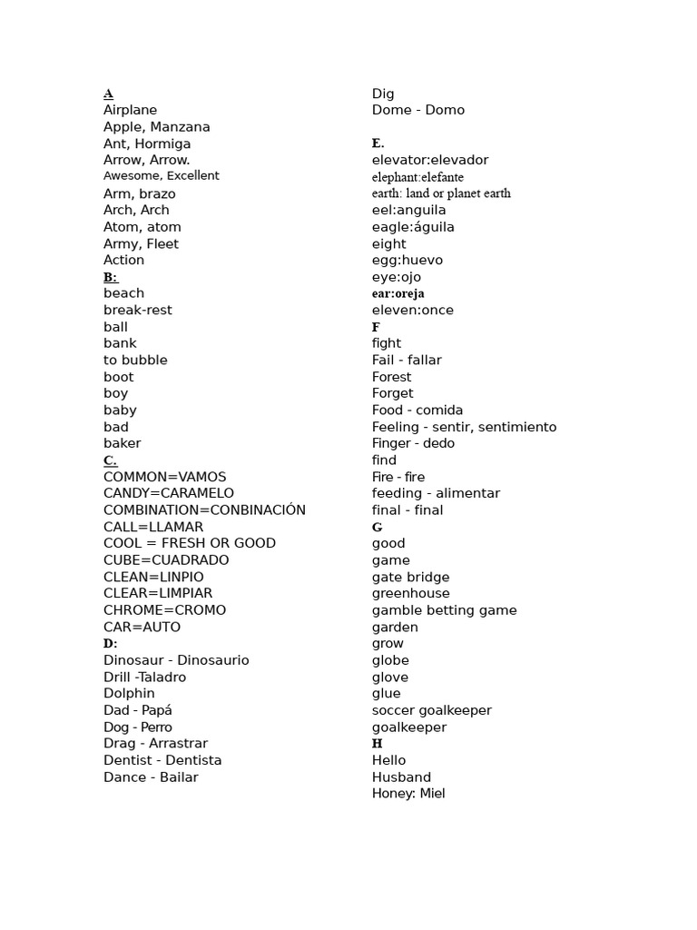 English-Spanish Vocabulary List | PDF