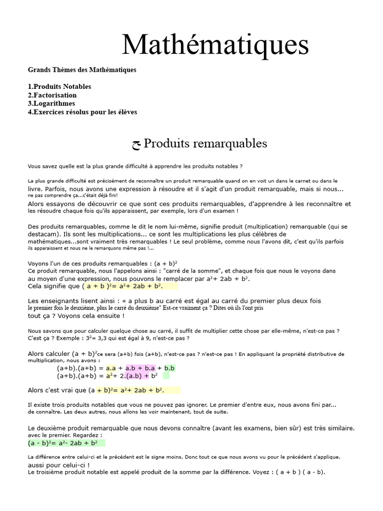 Produits Notables et Factorisation en Maths | PDF | Logarithme ...