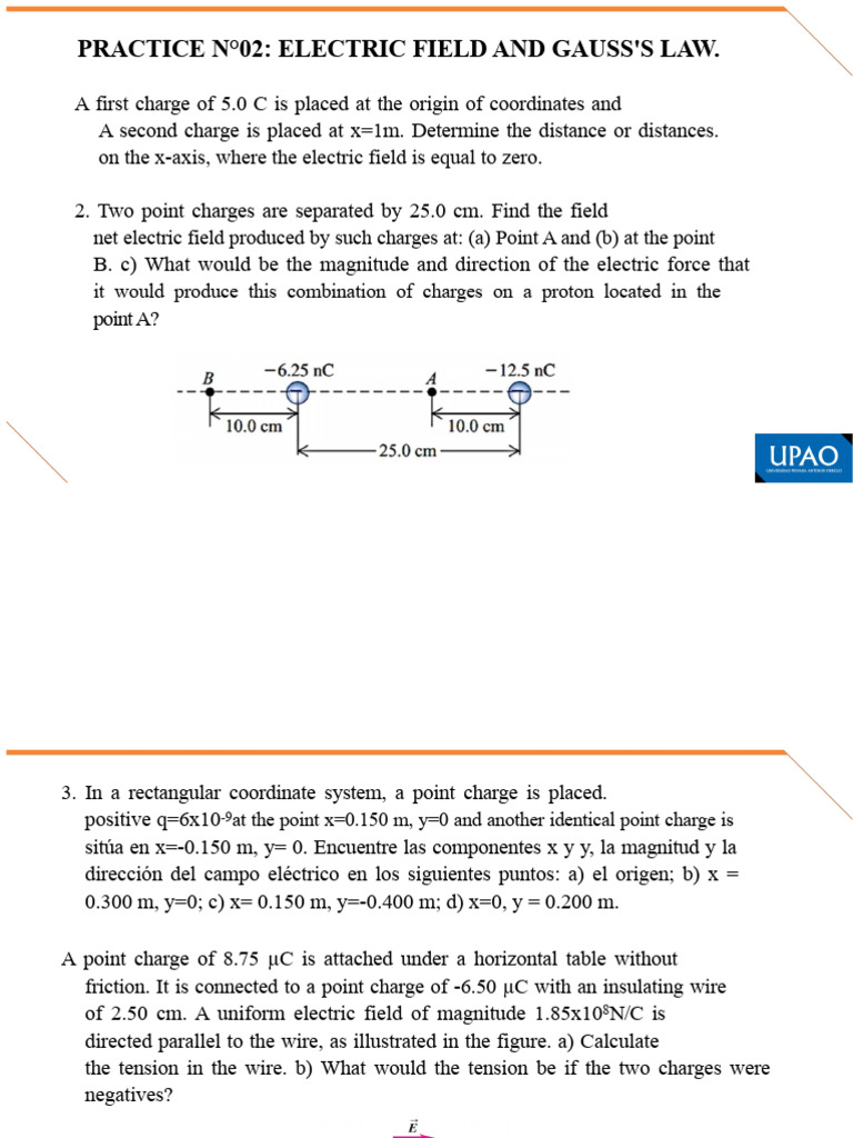 Practice N°02: Electric Field and Gauss'S Law.: On The X-Axis, Where ...