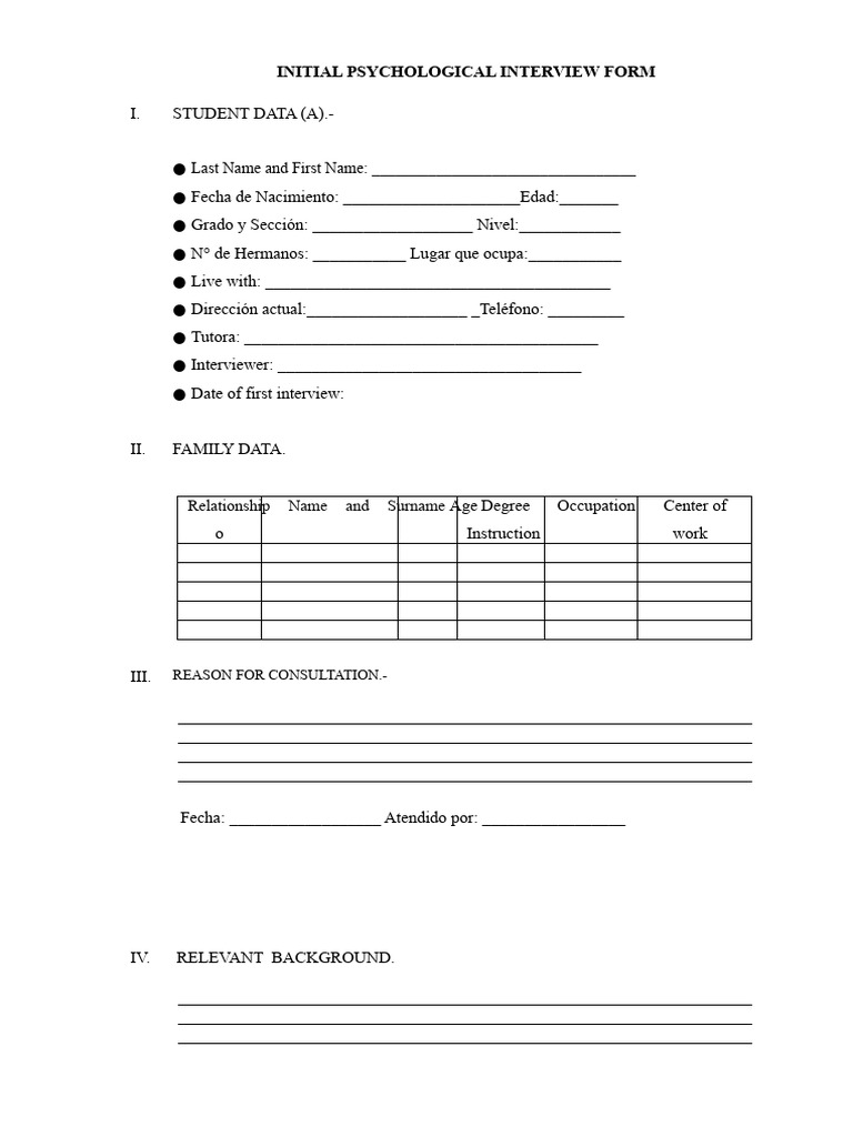 Initial Psychological Interview Form | PDF