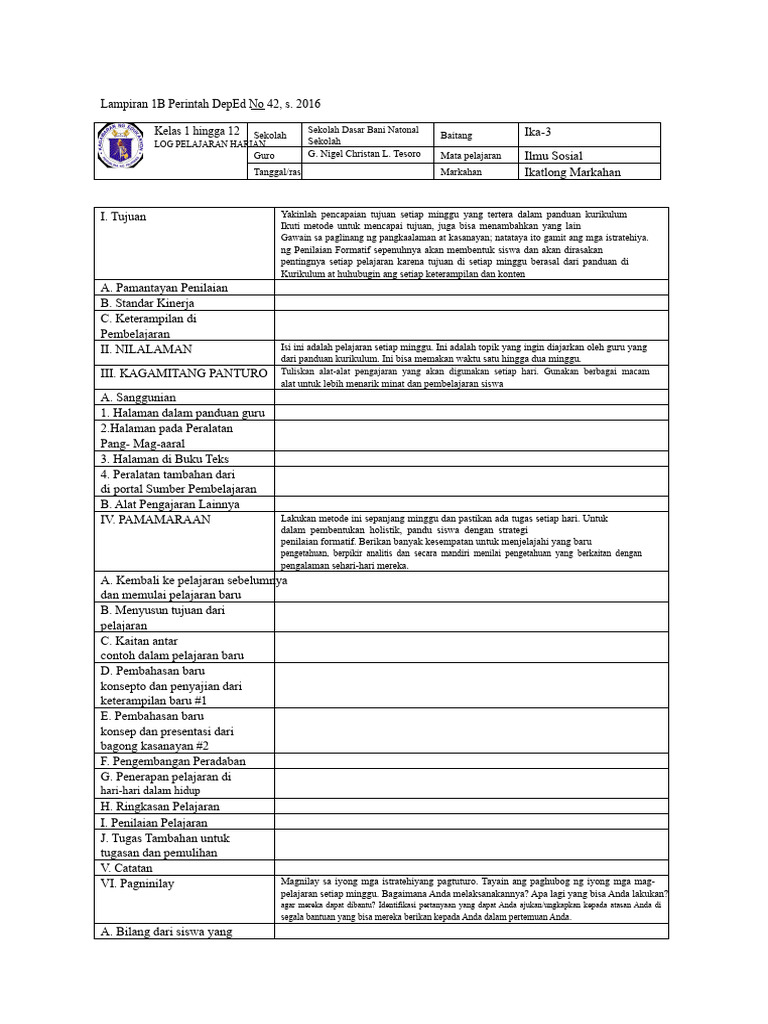 DLP Template Fil. Lampiran1B Perintah DepEd No.42.tahun.2016 Salinan | PDF