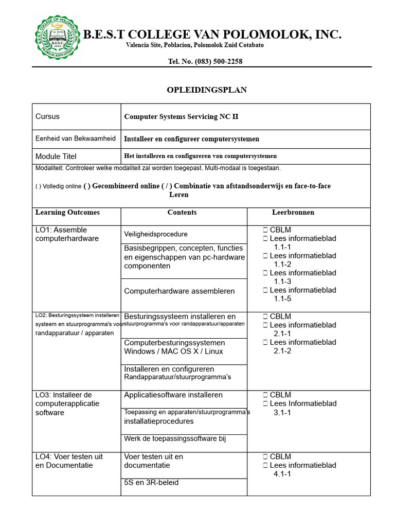CSS NC Ii Opleidingsplan | PDF