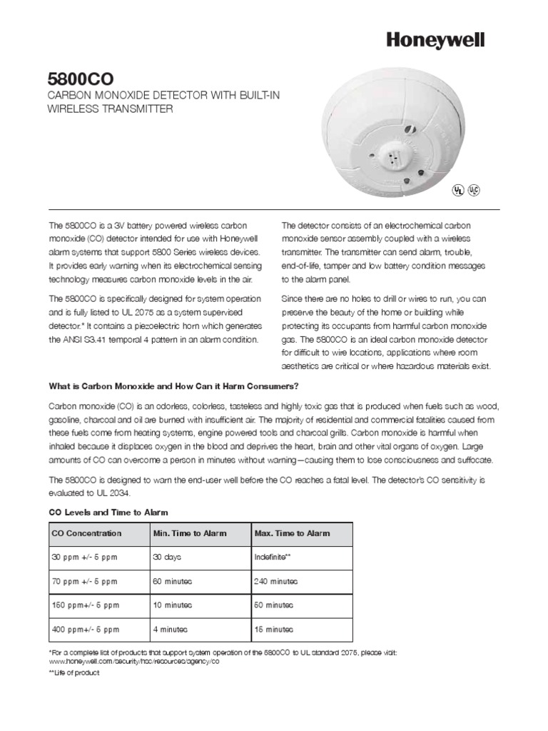 Honeywell 5800CO Data Sheet | PDF | Security Alarm | Carbon Monoxide
