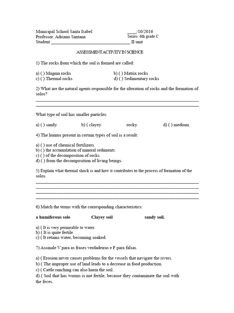 Assessment Activity of Science 6th Grade Unit 2 | PDF | Soil | Rock ...