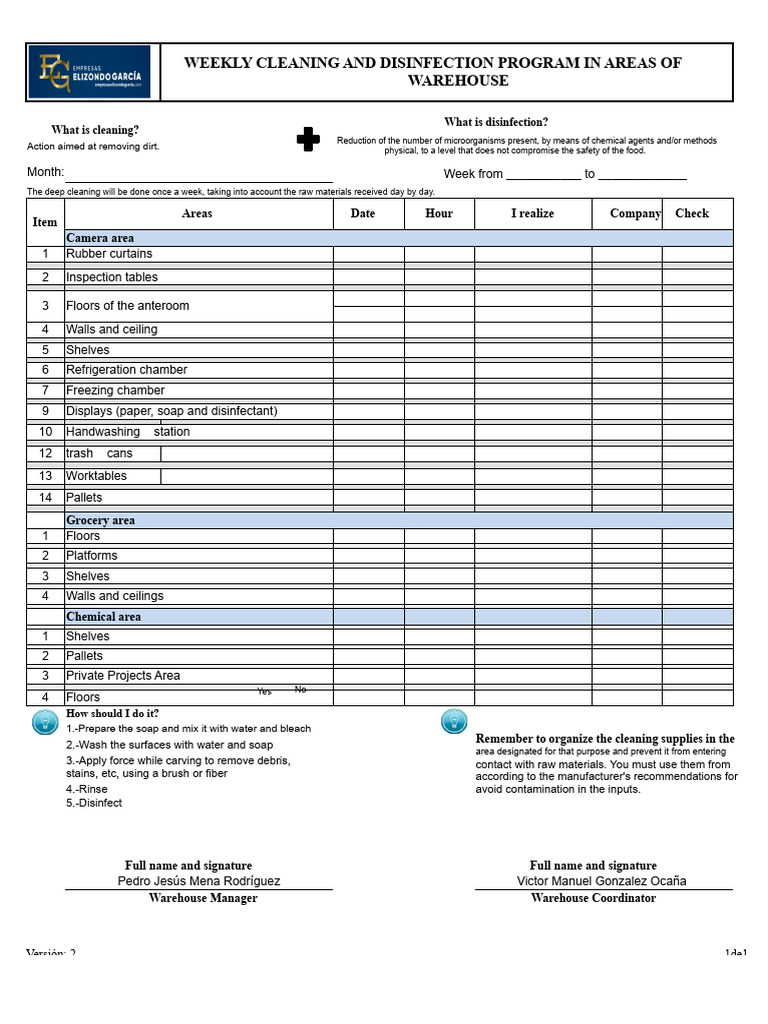 Weekly Cleaning and Disinfection Program For Storage Areas | PDF ...